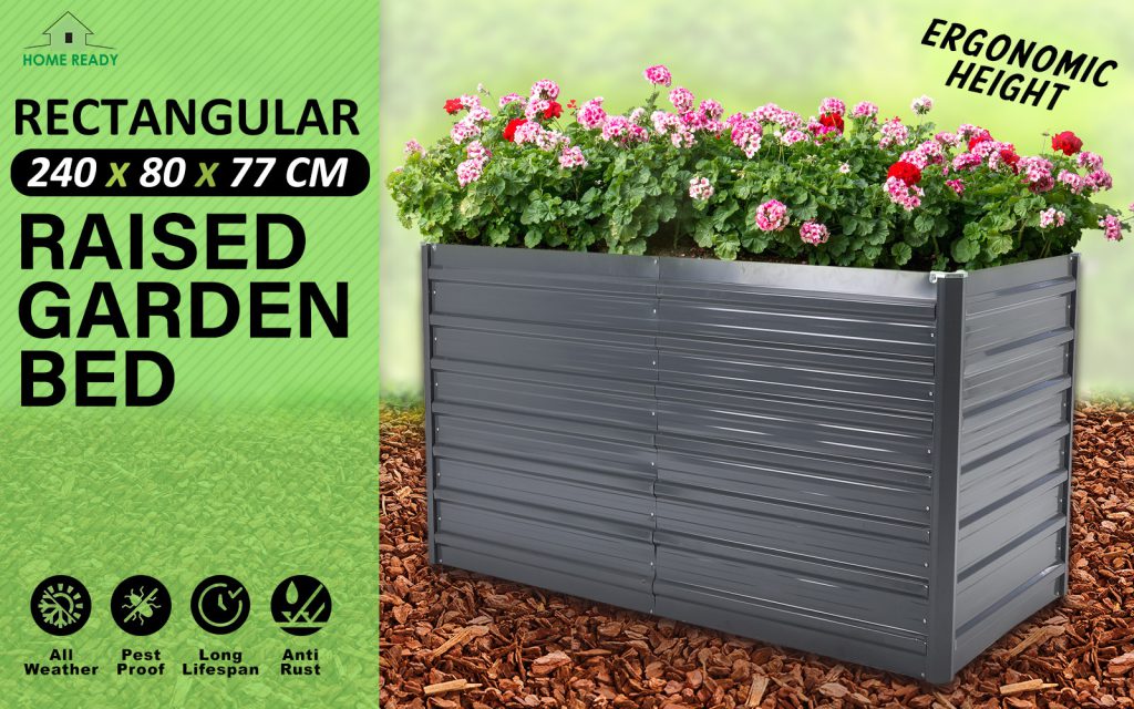 Home Ready 240 x 80 x 77cm Grey 2-in-1 Raised Garden Bed Galvanised ...